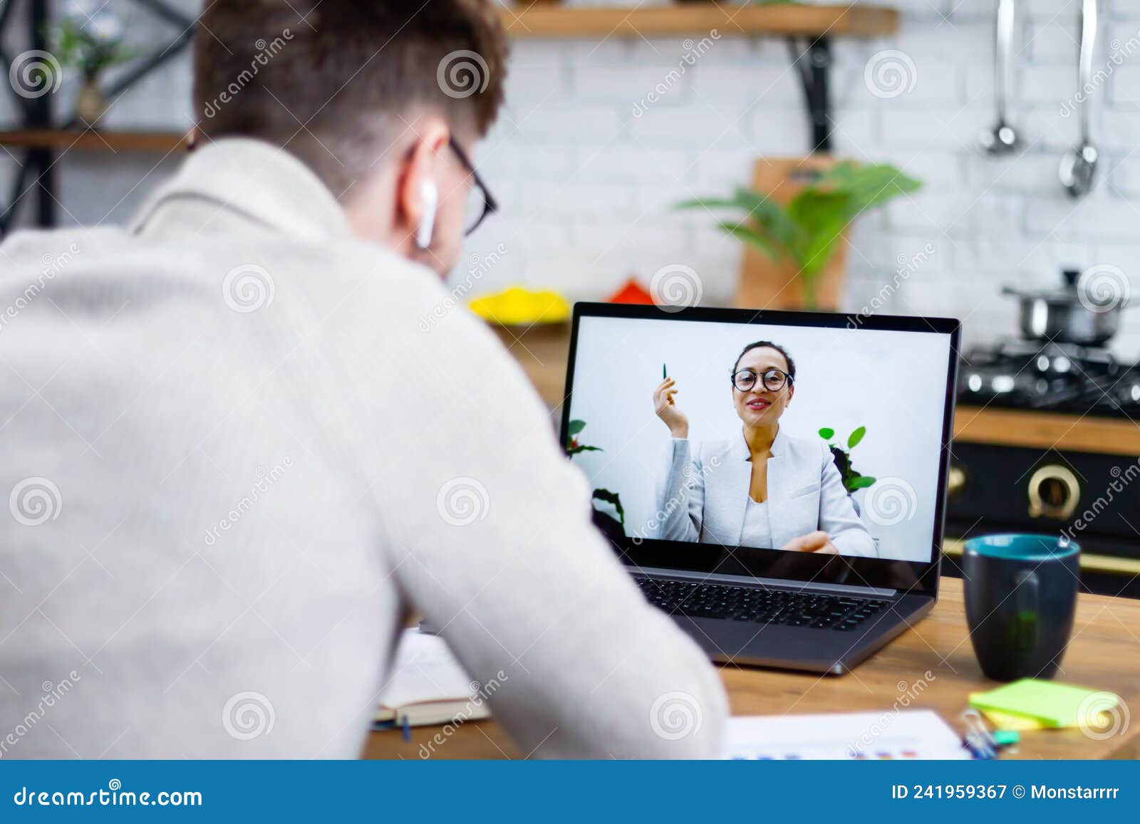 Man, Studies Remotely Via Video Call Stock Image - Image of network ...