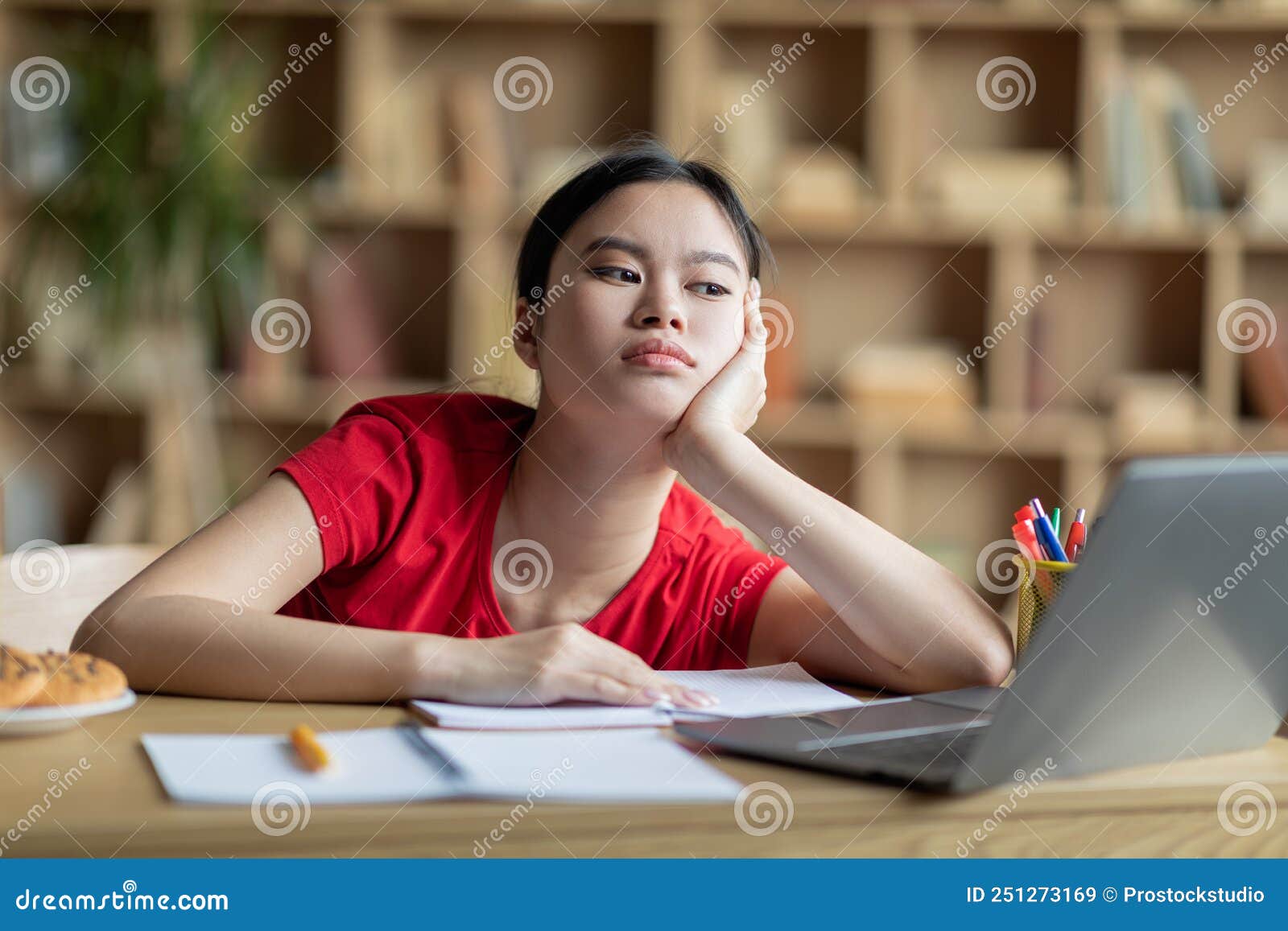 Boring Tired Young Chinese Woman Doing Homework On Table Near Computer ...