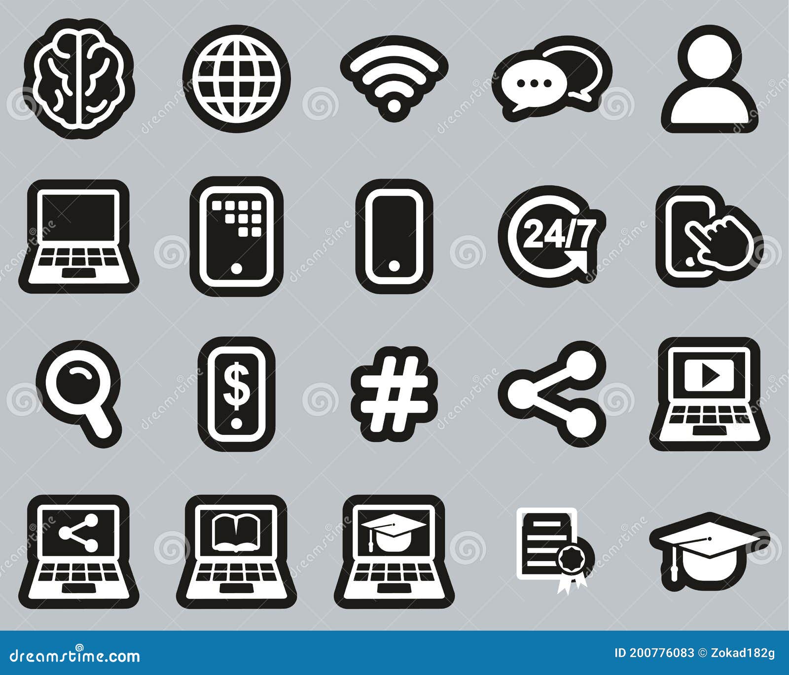 Online Education Icons White on Black Sticker Set Big Stock Vector ...