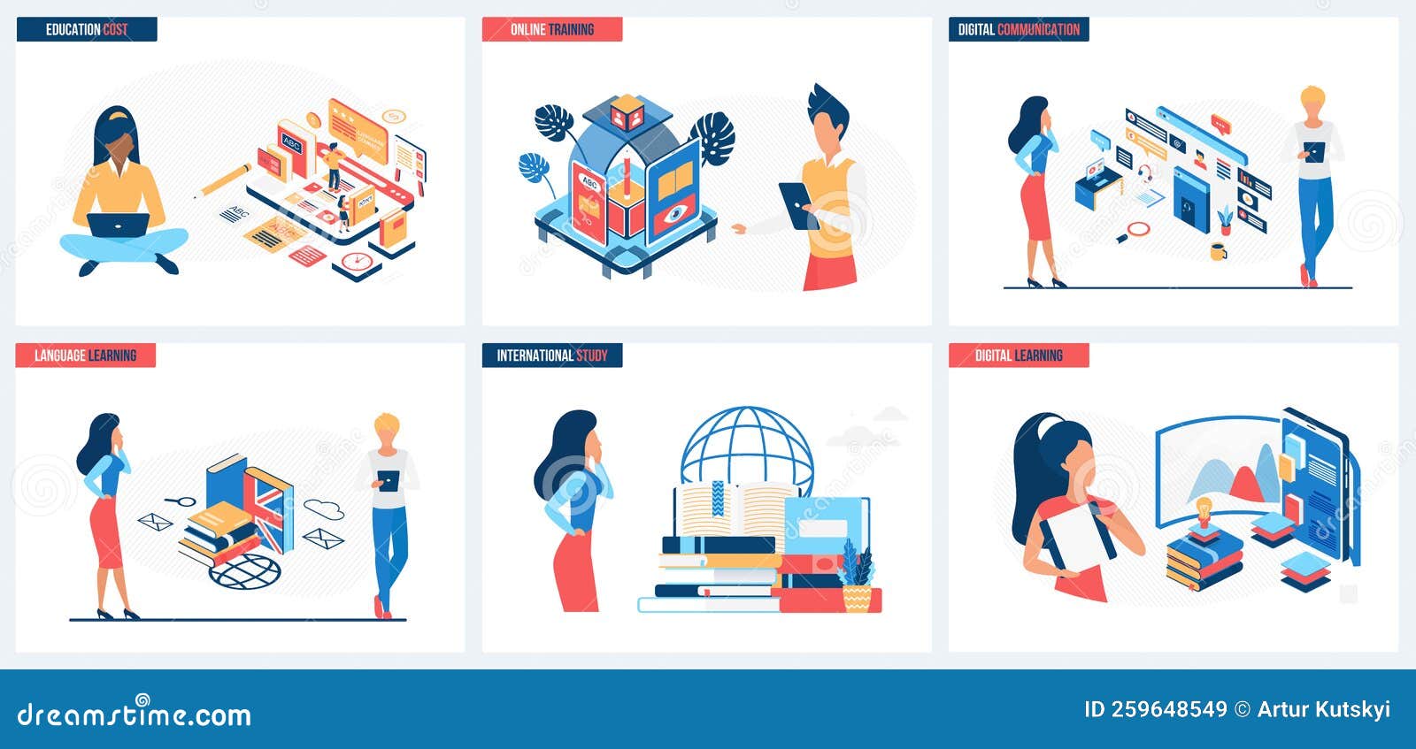 Online Education, Information from Library and Book Store Set, Study ...