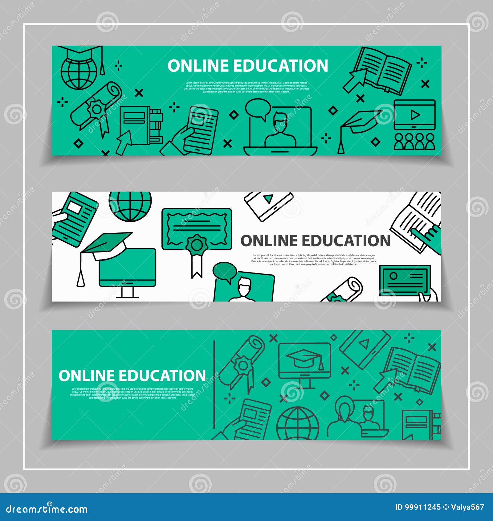 Online Education and Learning Horizontal Web Banners with Line Stock ...