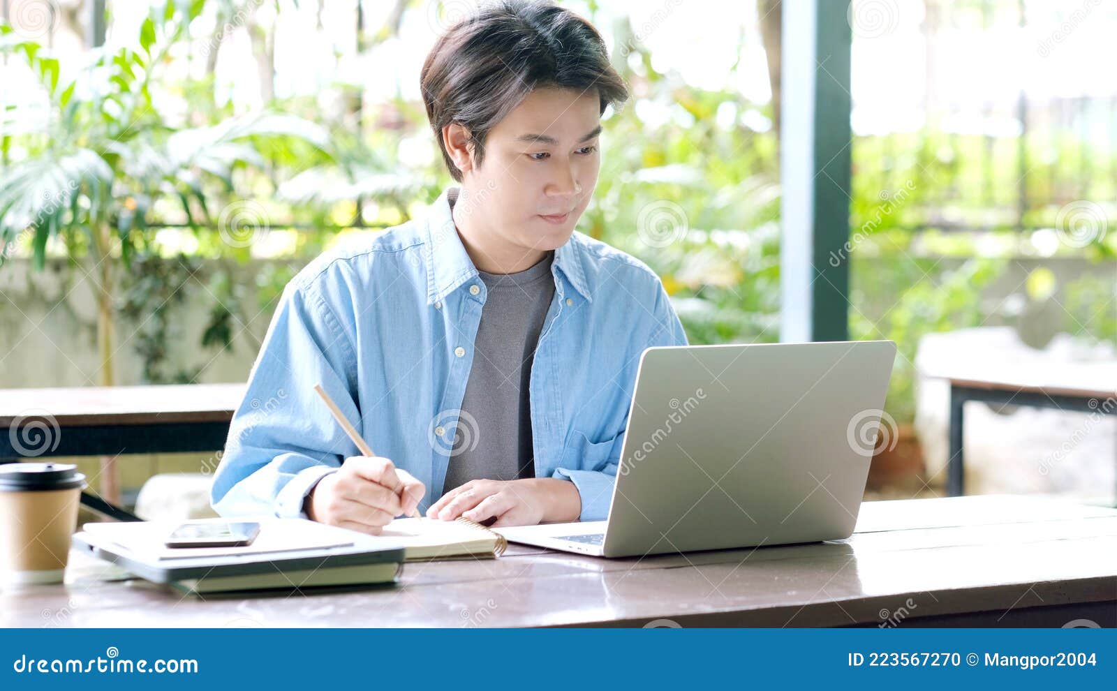 Online Education Learning, Work from Home, Man Hand Writing on Notebook ...