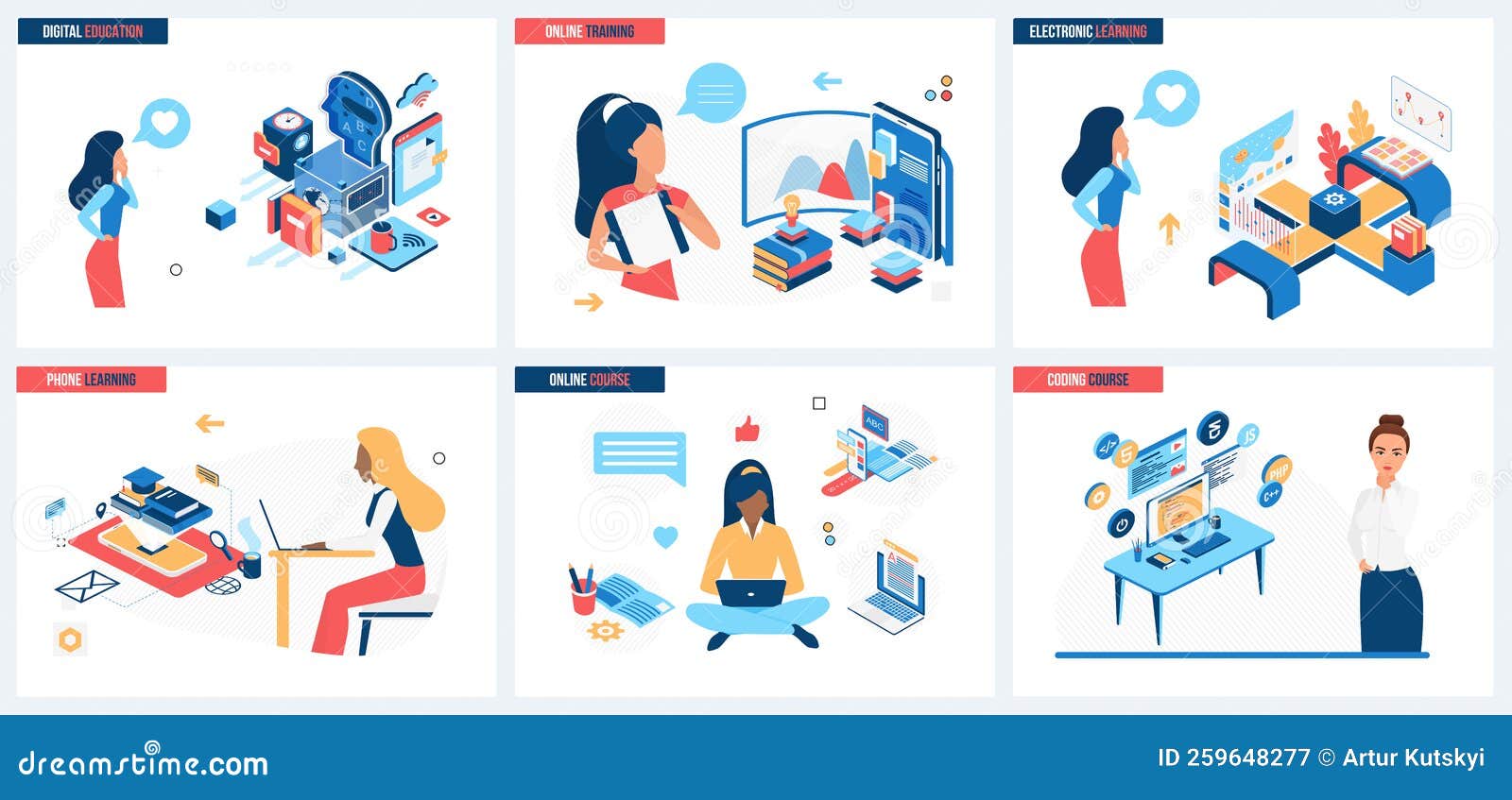 Online Education, University and School for Training Students Set ...