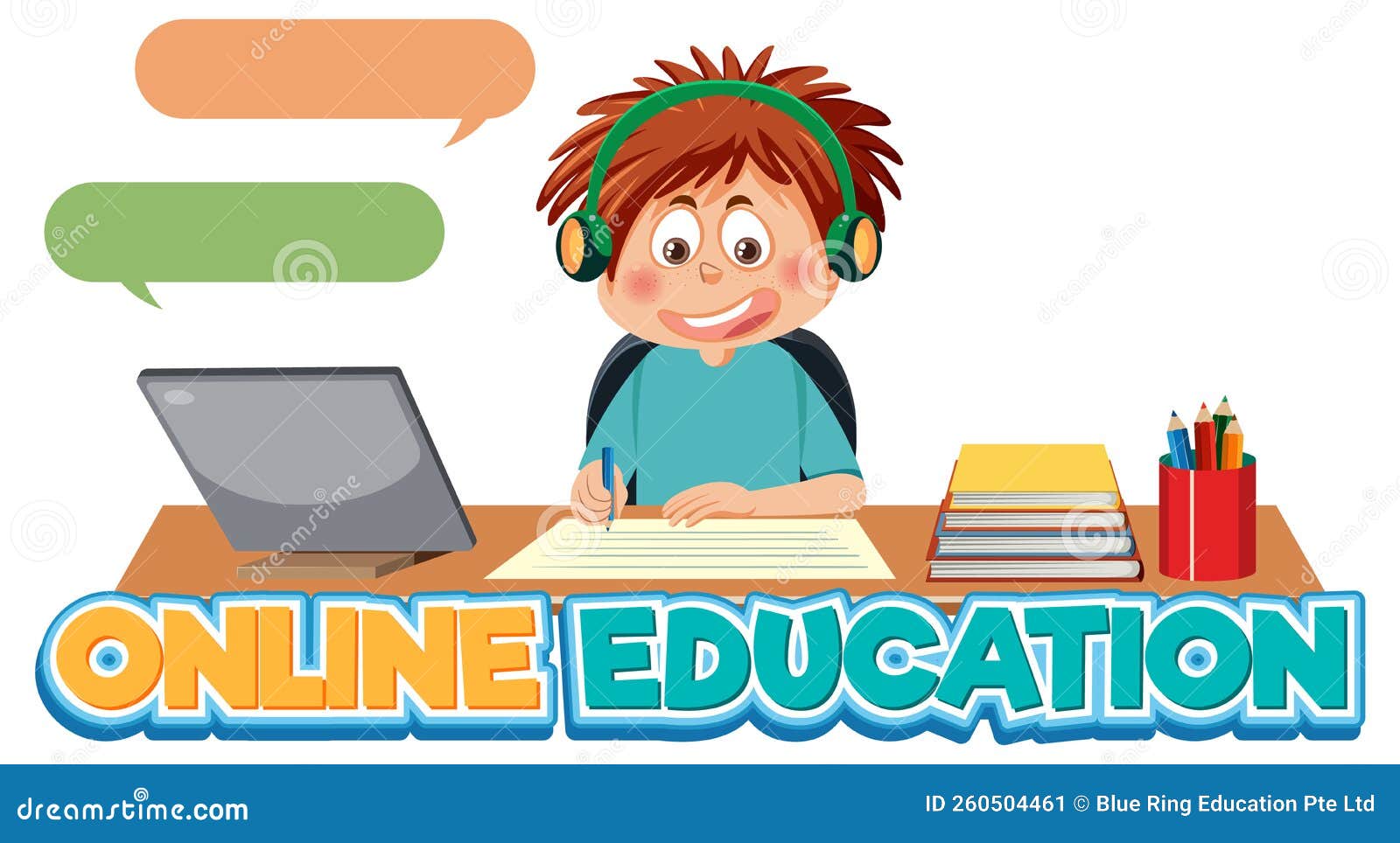 Online Education Word with a Boy Doing Homework Stock Vector ...