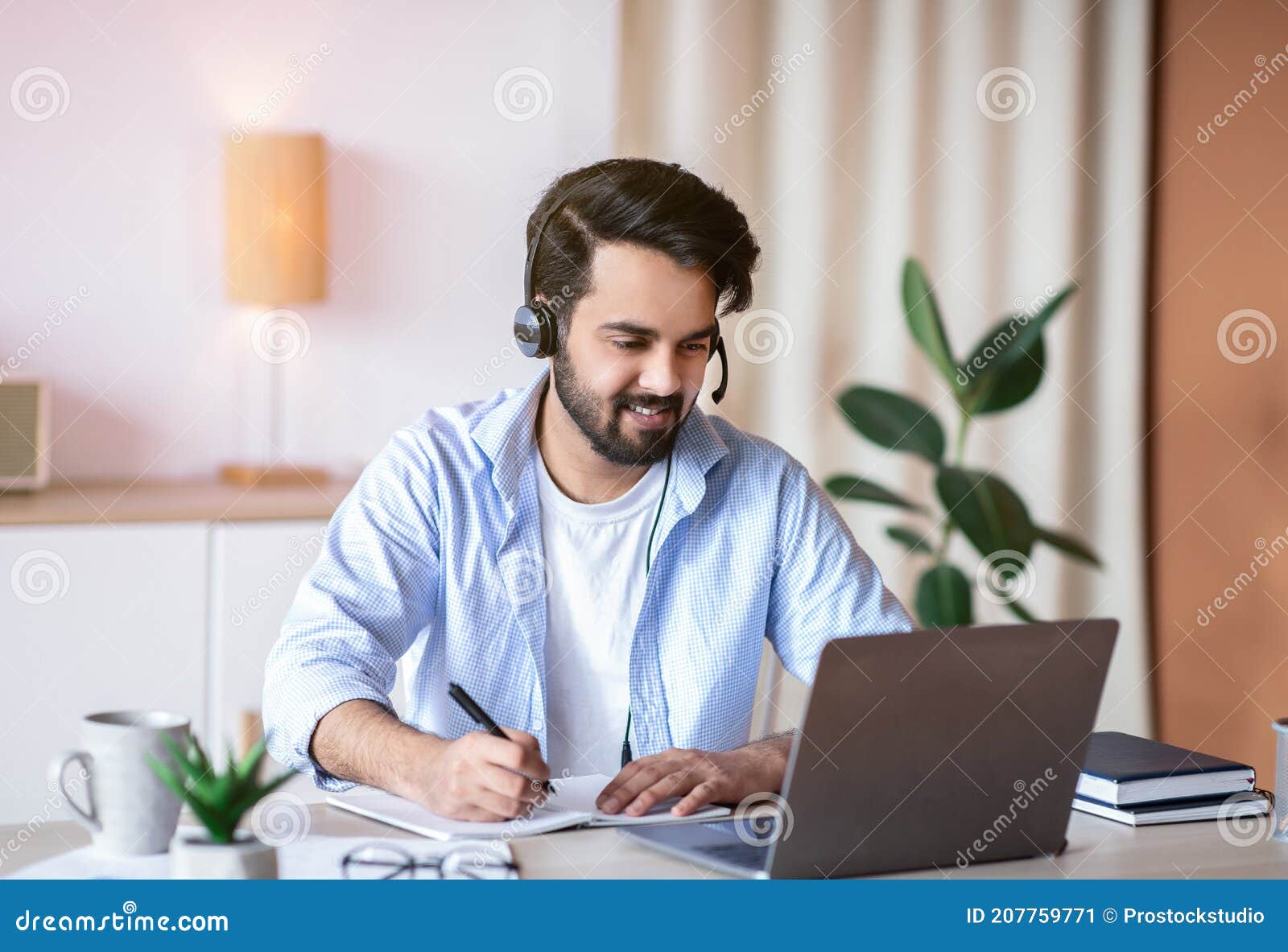 Online Education. Young Arab Guy Watching Webinar On Laptop And Taking ...