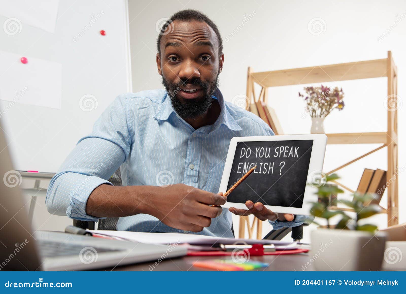 Online English Courses at Home. Smiling Man Teaches Students Remotely ...