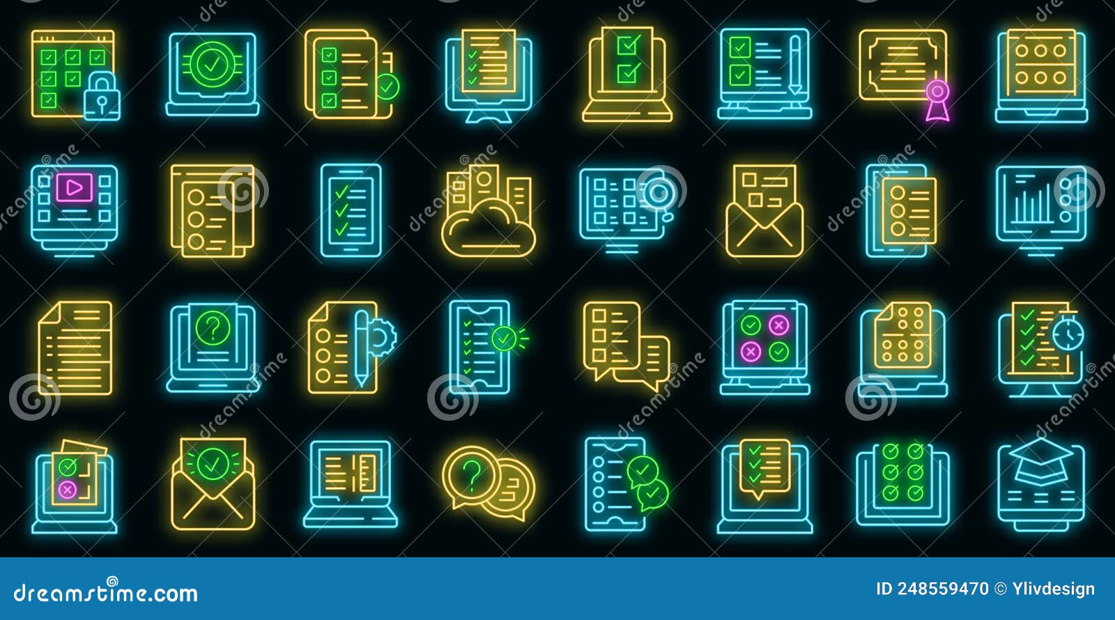 Online Exam Icons Set Outline Vector. Study Class Vector Neon Stock ...