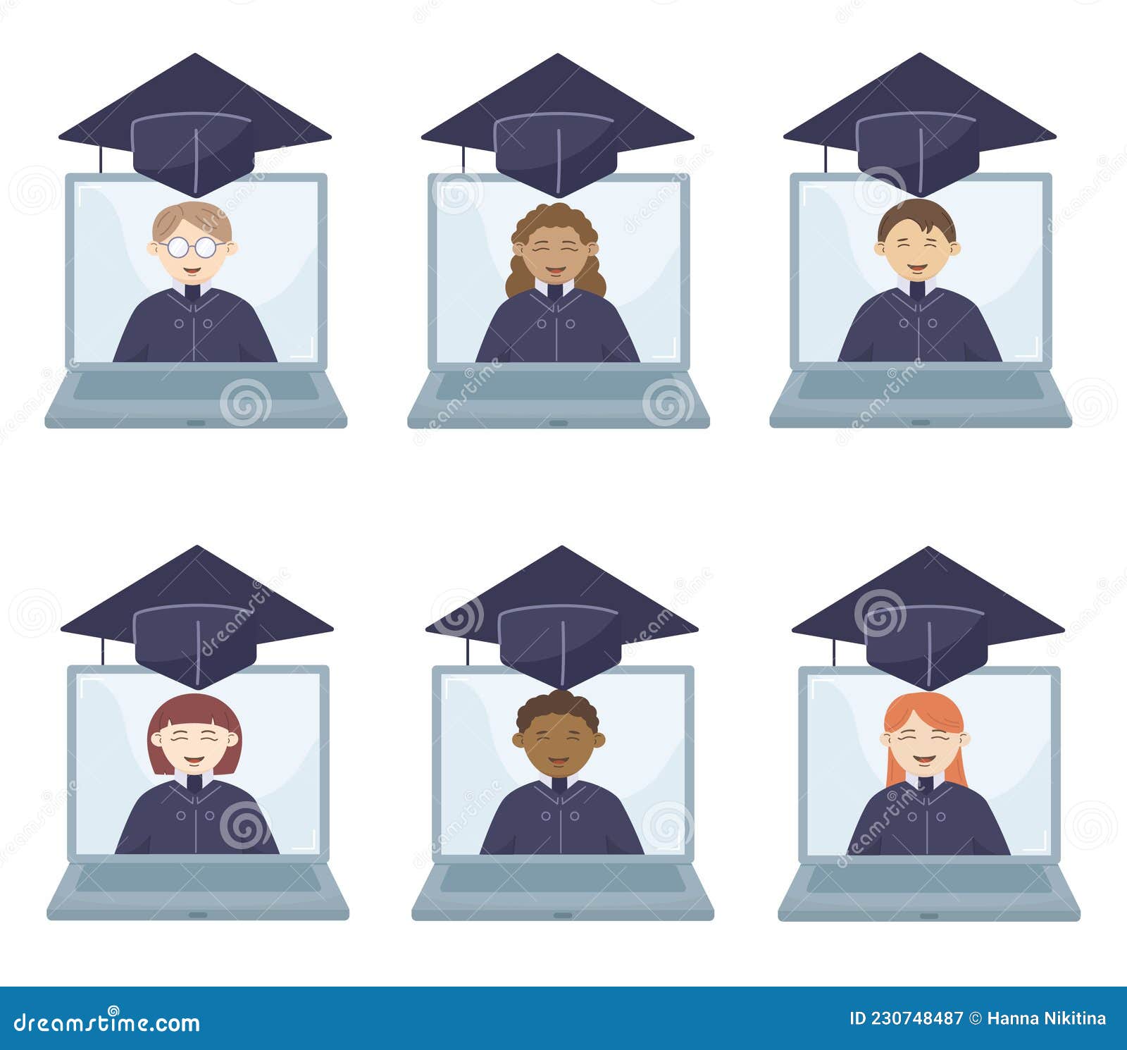 Virtual Online Graduation of Different People with Hat on Laptop ...