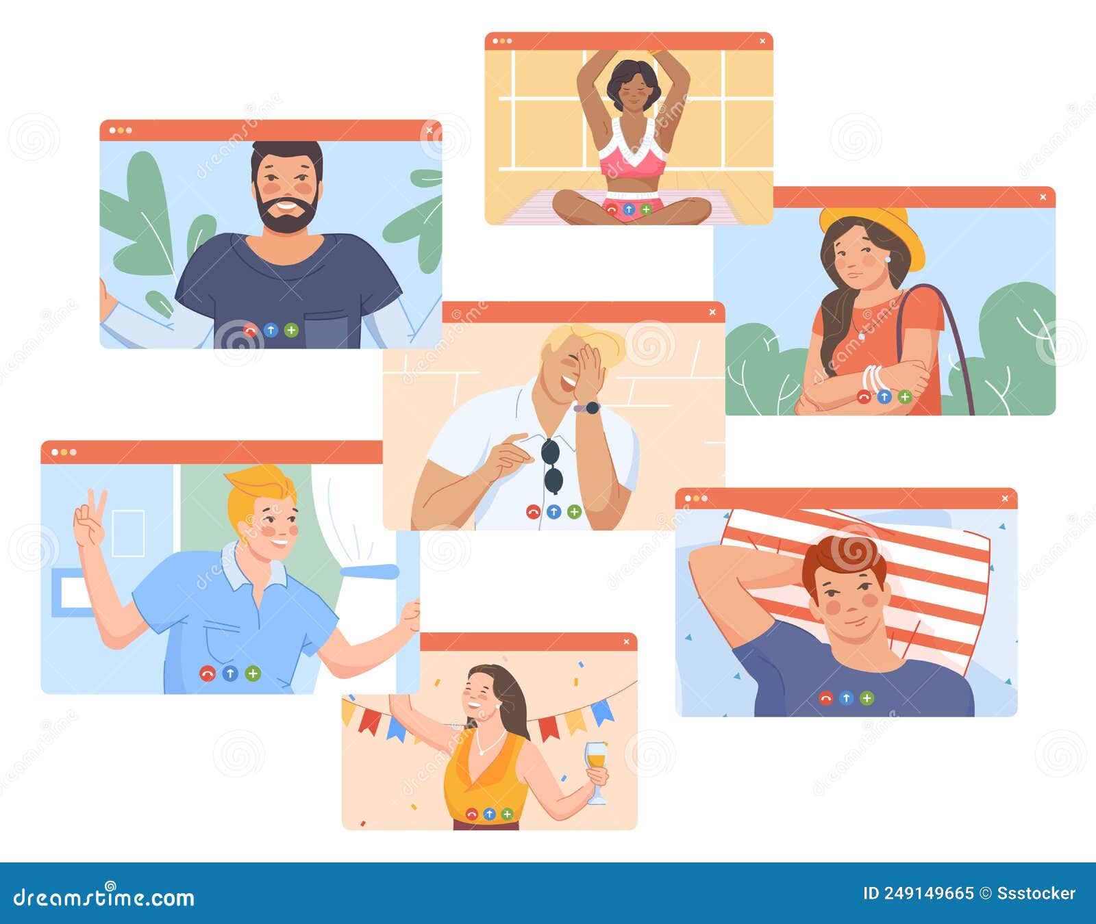 Group Video Call, Virtual Window Frames, A Diverse Group Of Young ...