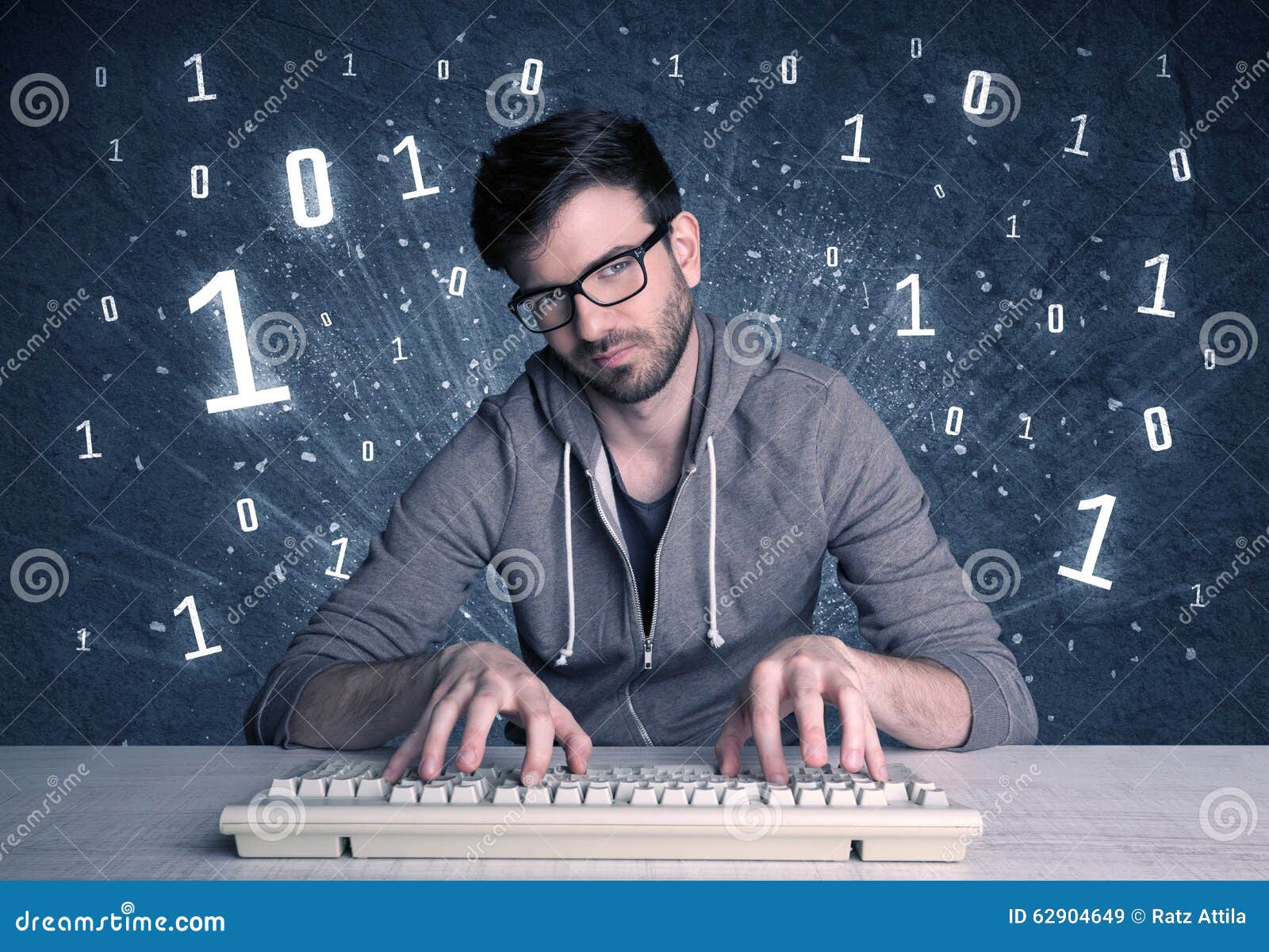 Online Intruder Geek Guy Hacking Codes Stock Image - Image: 62904649