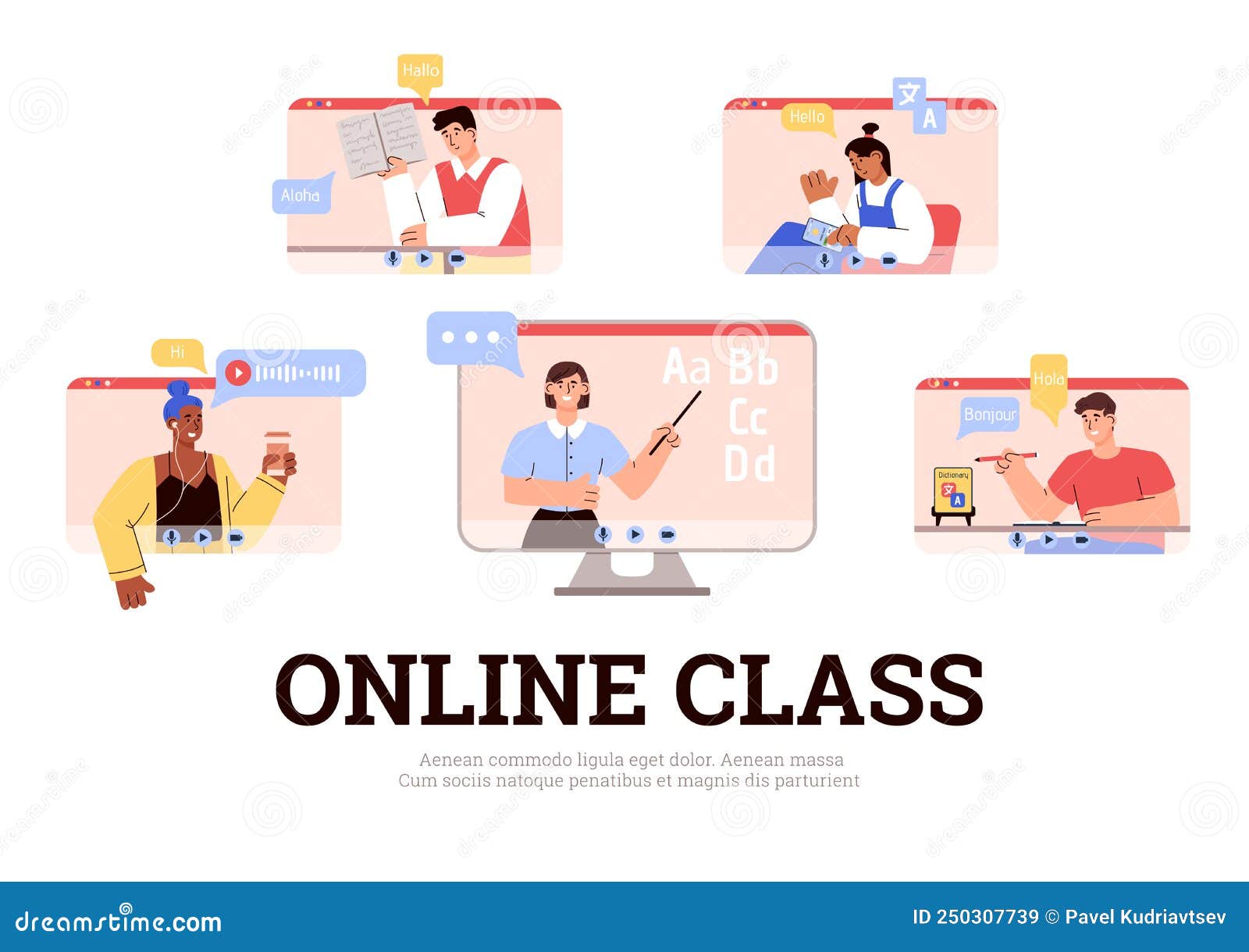 Online Language Class with Students and Tutor Flat Vector Illustration ...