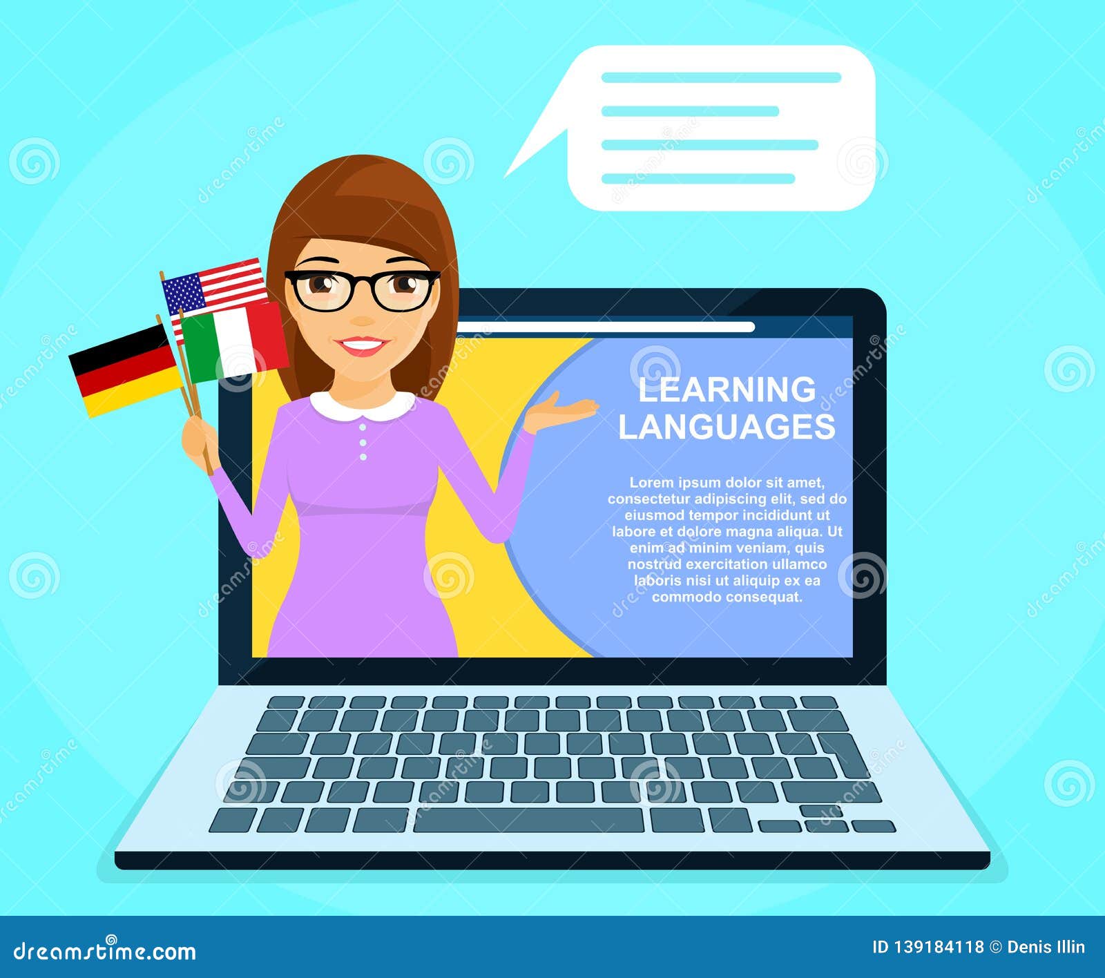 Online Language Learning. a Young Girl Holding Flags of Different ...