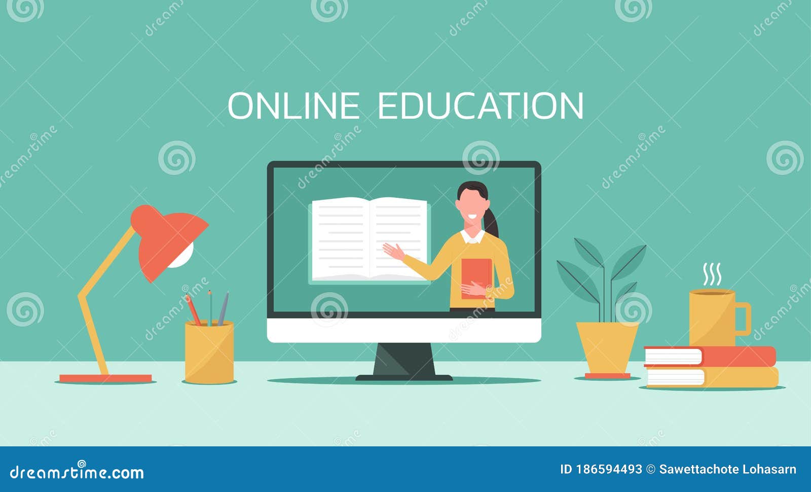 Woman Teacher Online Teaching on Computer Screen Stock Vector ...