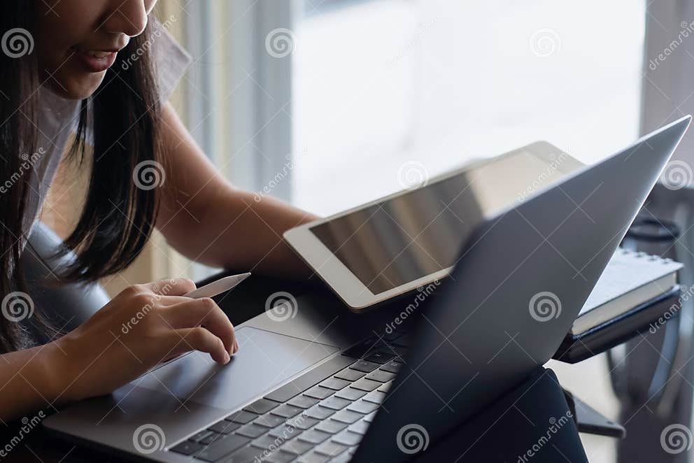 Student Working on Laptop Computer. Online Learning, Work at Home or ...