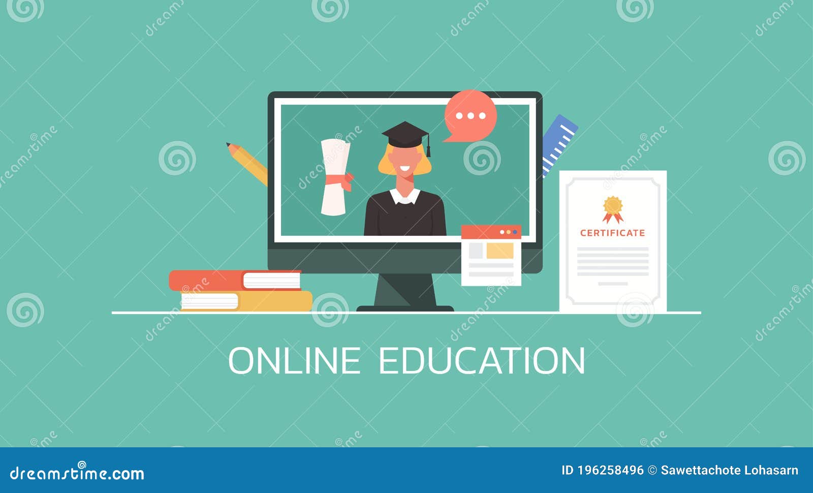 Student Attending Online Graduation Ceremony on Computer Stock Vector ...