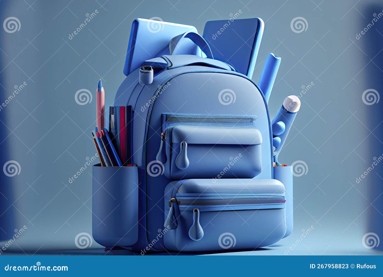Online Learning Concept Blue Backpack with School Supplies 3d Render on ...
