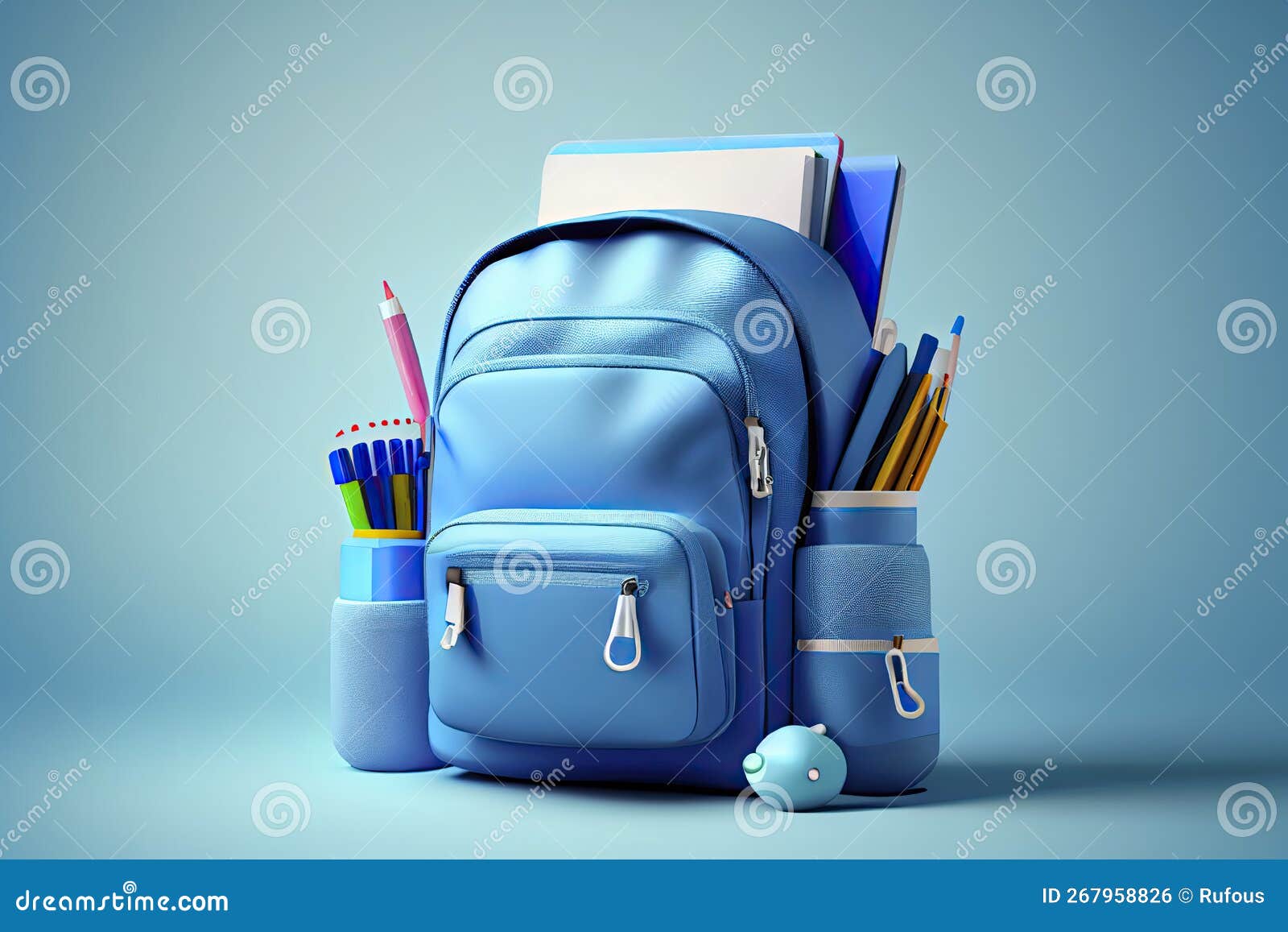 Online Learning Concept Blue Backpack with School Supplies 3d Render on ...