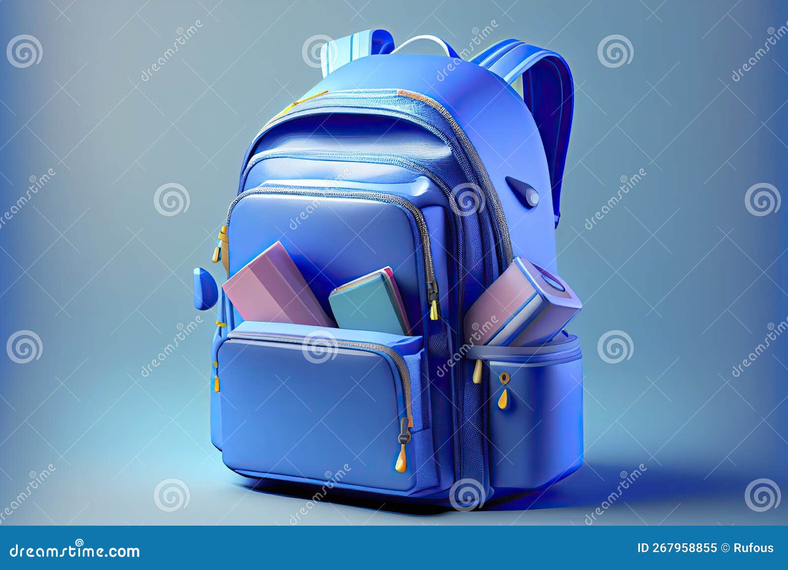 Online Learning Concept Blue Backpack with School Supplies 3d Render on ...