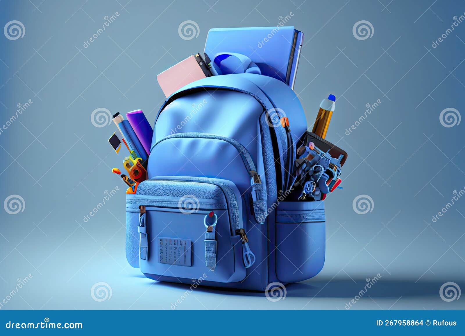 Online Learning Concept Blue Backpack with School Supplies 3d Render on ...