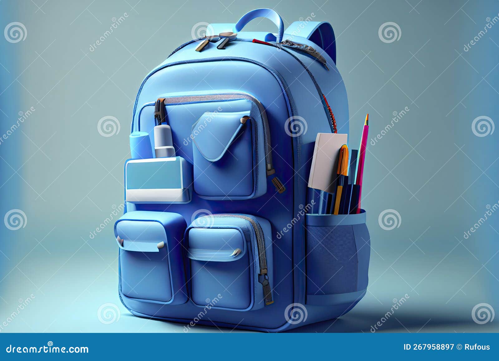 Online Learning Concept Blue Backpack with School Supplies 3d Render on ...