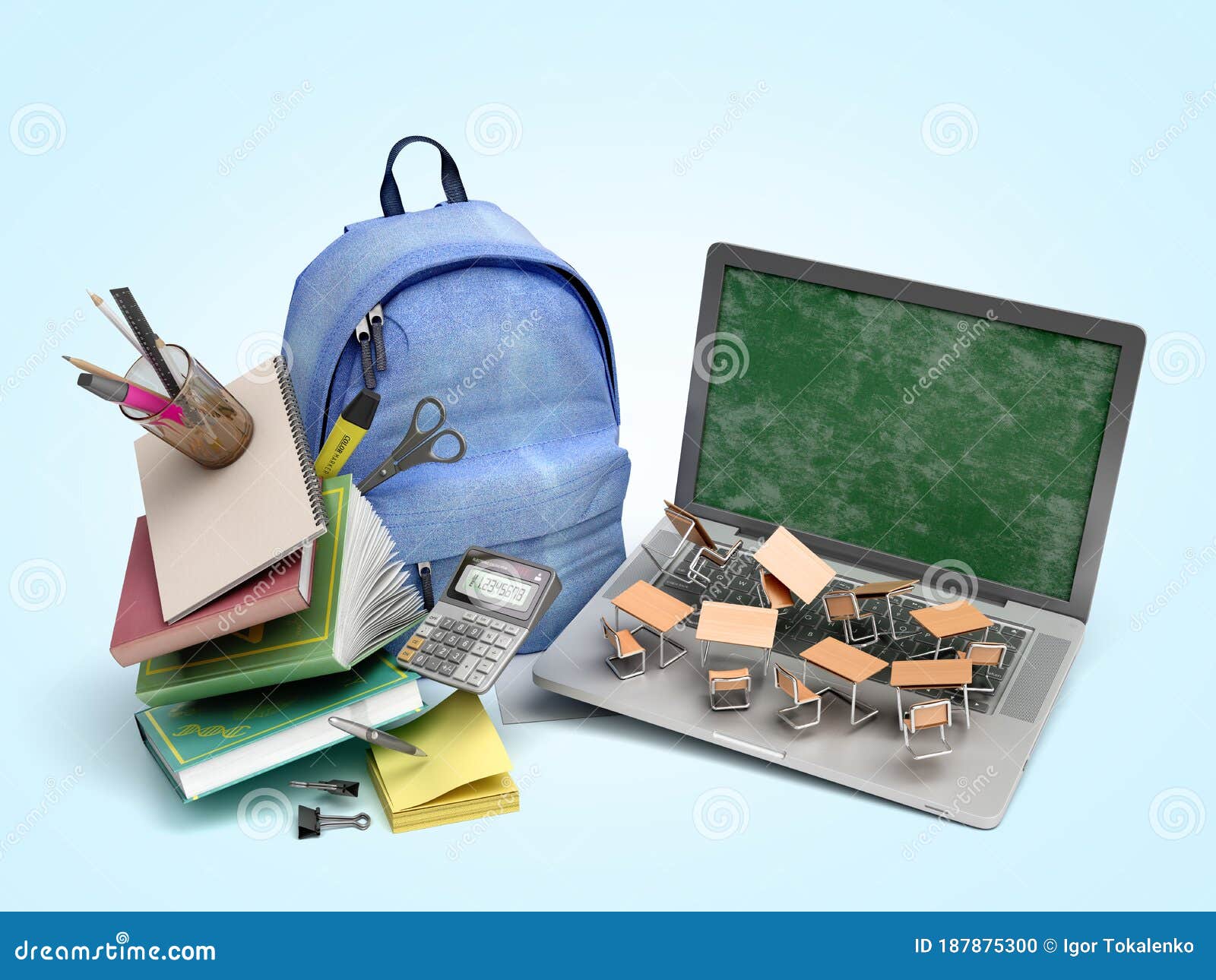 Online Learning Concept Blue Backpack with School Supplies and Laptop ...