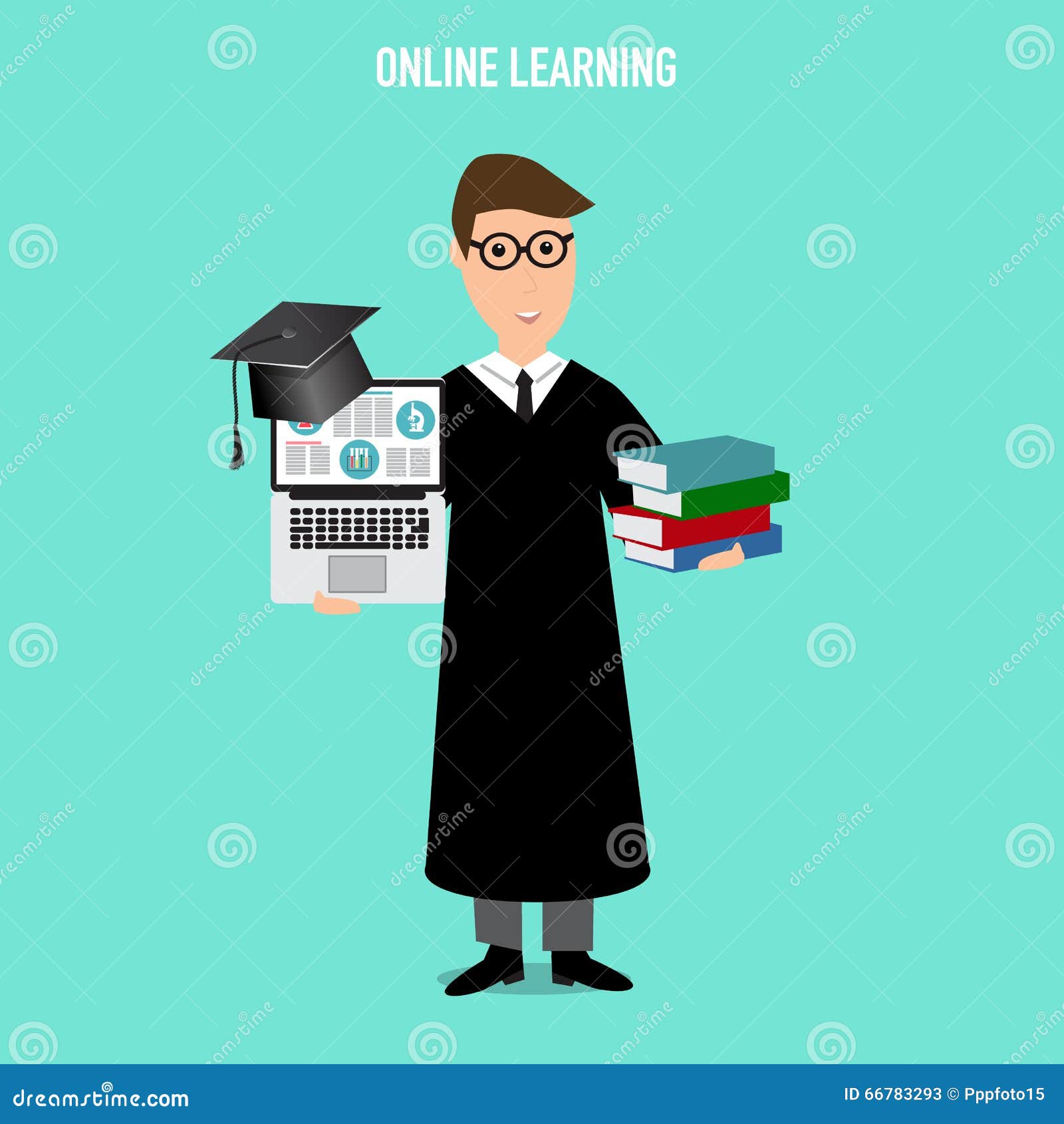Online Learning Concept with Graduated Man Holding Computer and Stock ... Online Learning Concept with Graduated Man Holding Computer and Stock ...