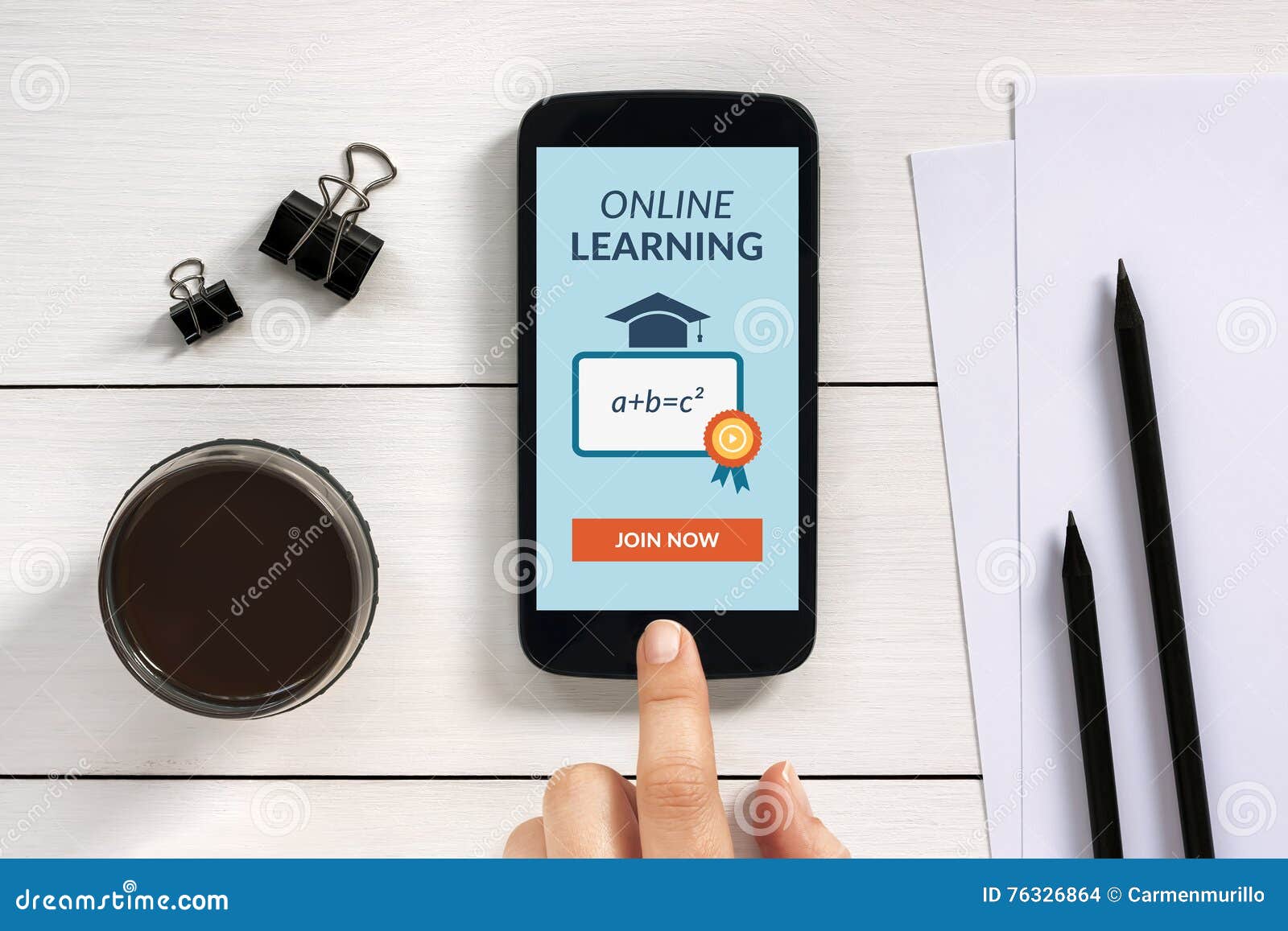 Online Learning Concept on Smart Phone Screen with Office Object Stock ...