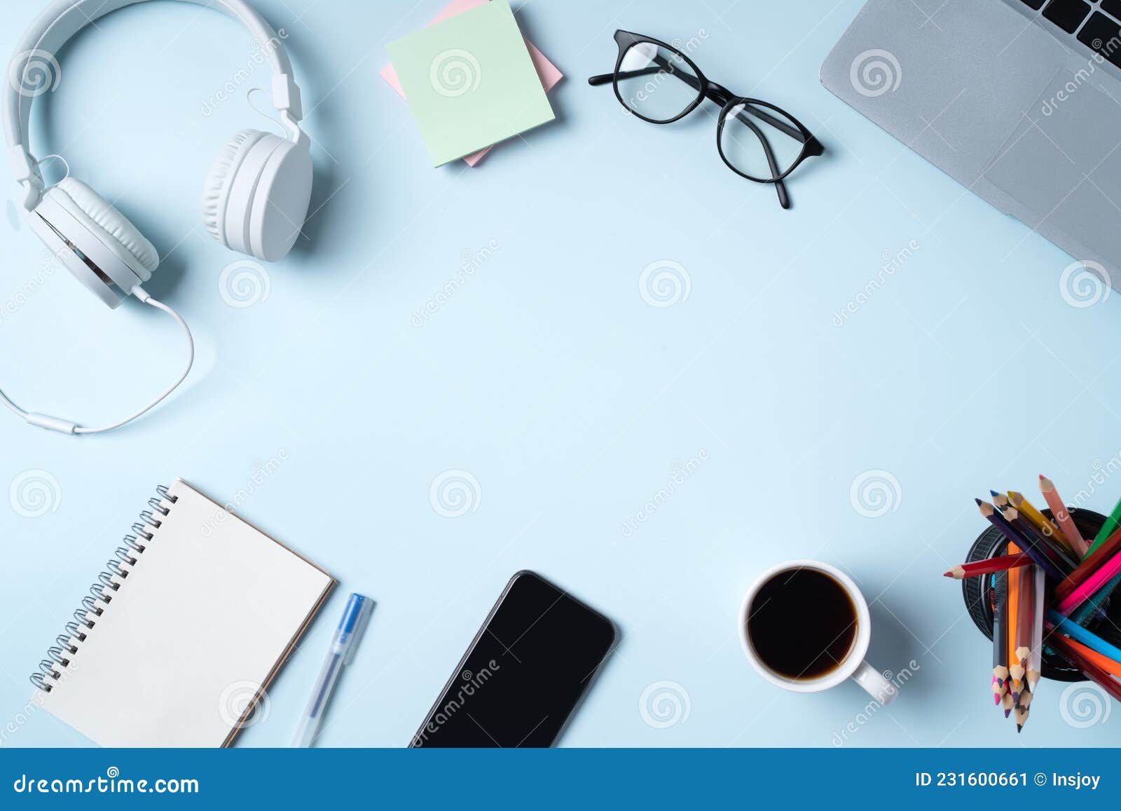 Online Learning Design Concept. Top View of Student Table with Computer ...