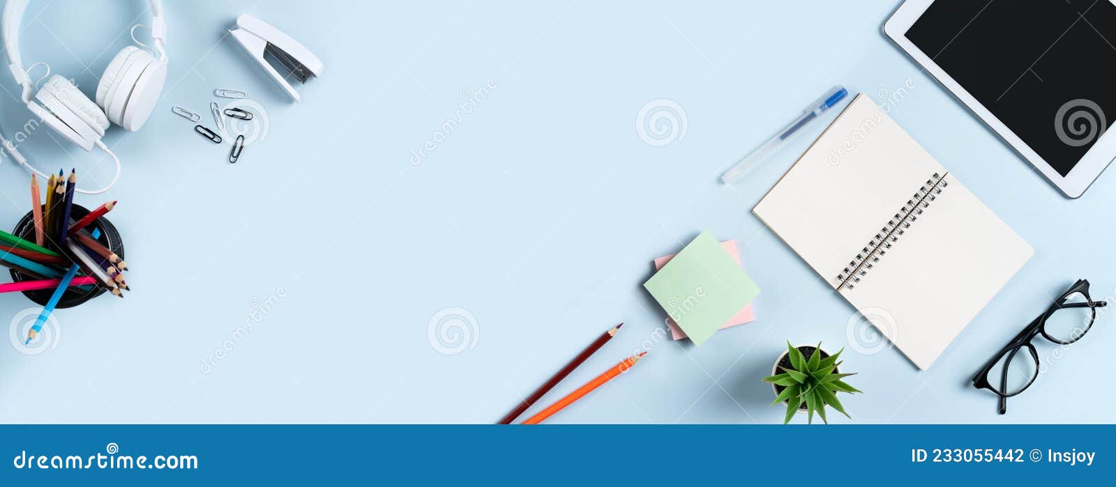 Online Learning Design Concept. Top View of Student Table with Tablet ...