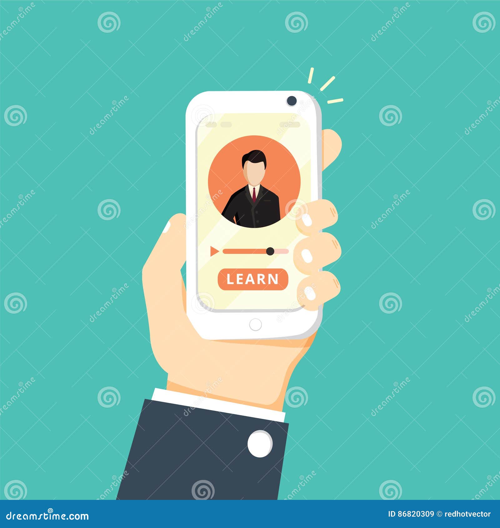 Online Learning. Device, Mobile, Hand on Green Stock Vector ...