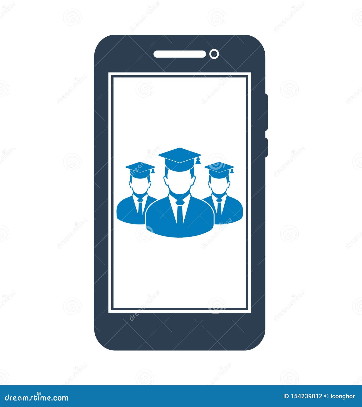 Online Learning Icon with Graduate Students on Mobile Screen Flat Style ...