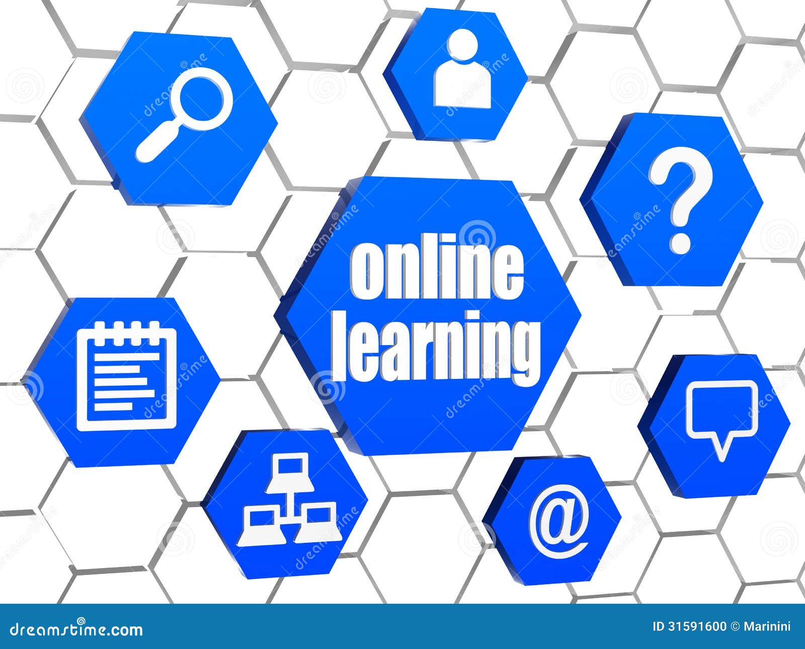 Online Learning and Internet Signs in Blue Hexagons Stock Illustration ...