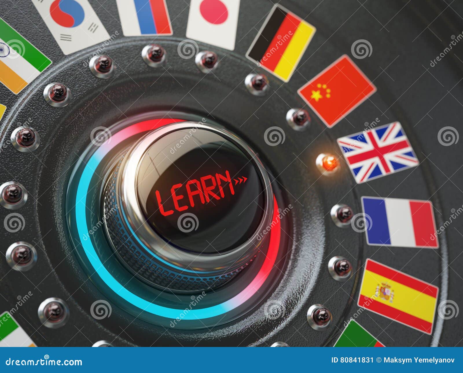 Online Learning Language Concept. Switch Knob Button with Flags Stock ...