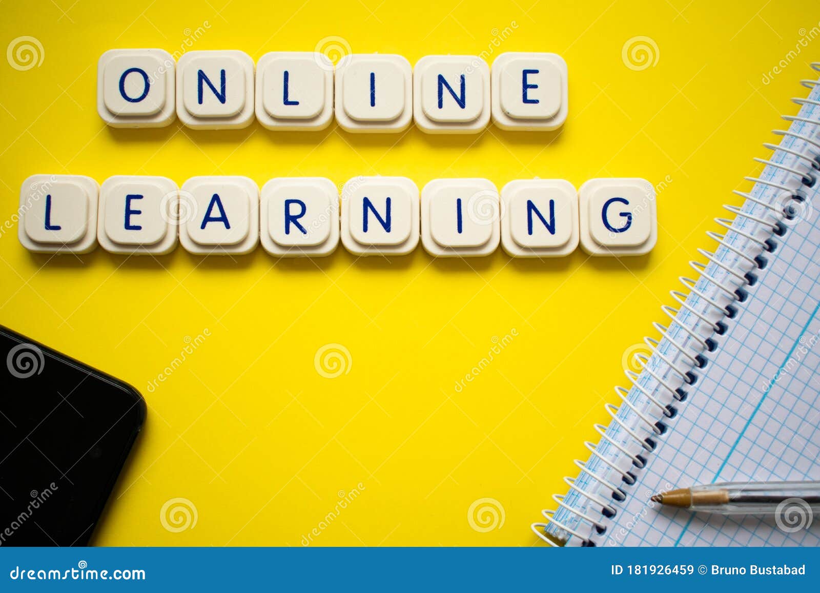 Online Learning Message Made with Game Letters Blocks, Over a Bright ...