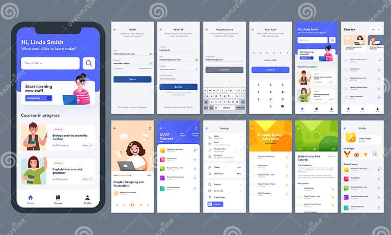 Online Learning Mobile App UI Kit with Different GUI Layout Including ...