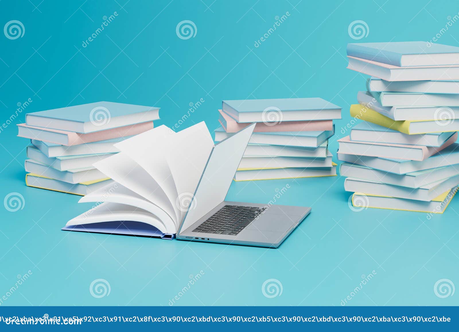 Online Learning at School or University. Stacks of Books and an Open ...
