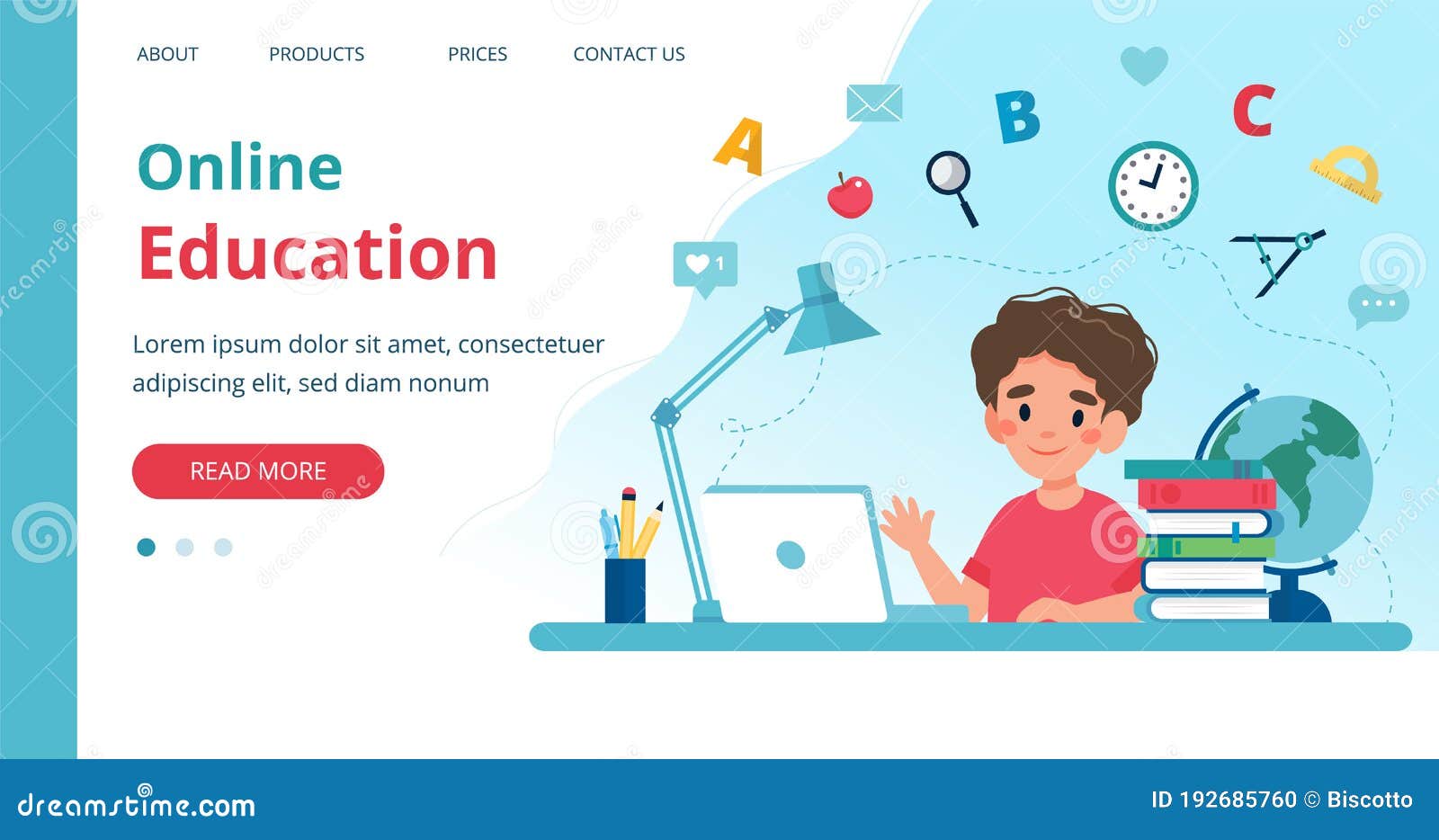 Online Learning Template with Boy Studying with Computer. Vector ...