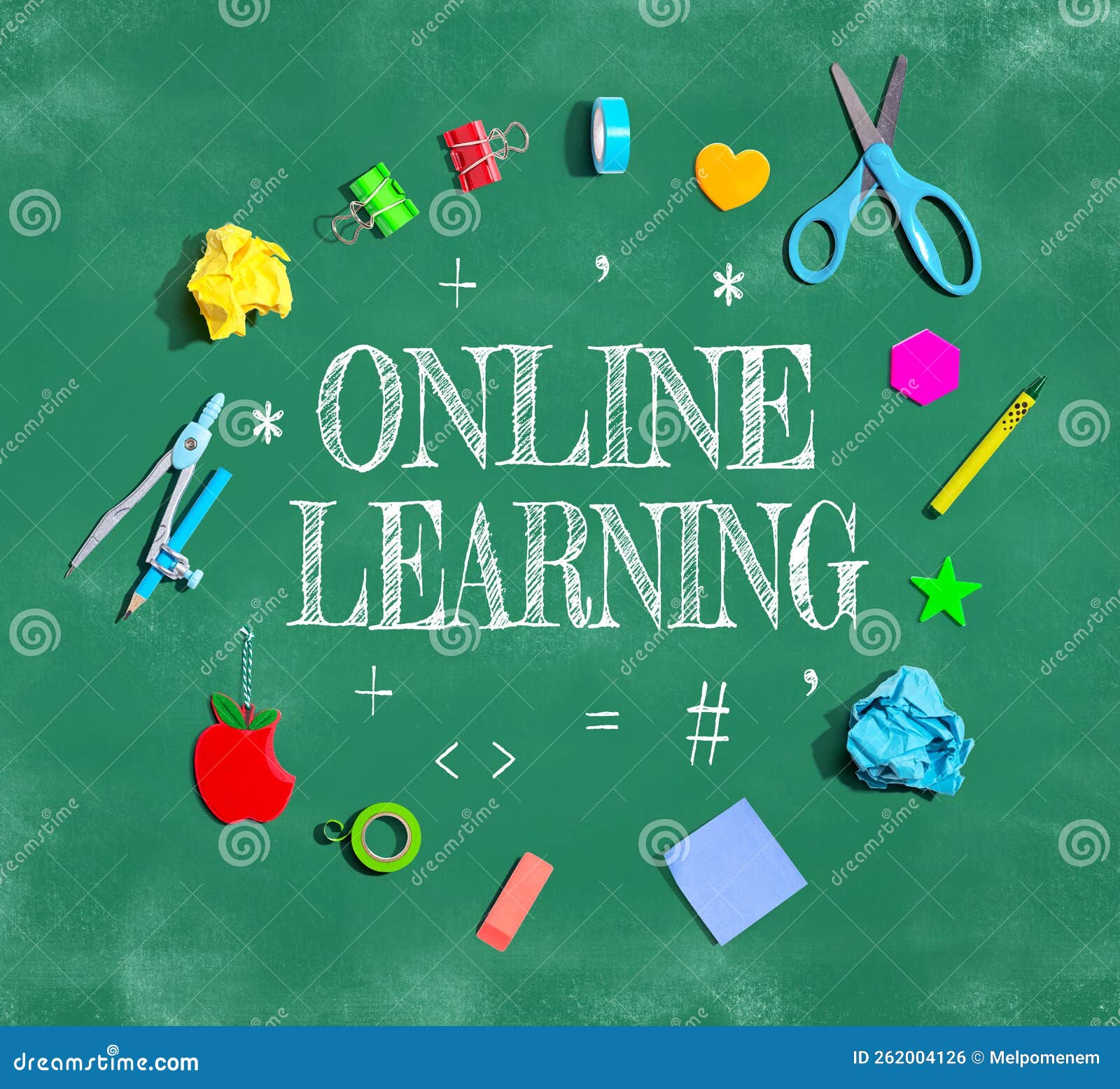 Online Learning Theme with School Supplies on a Chalkboard Stock Photo ...