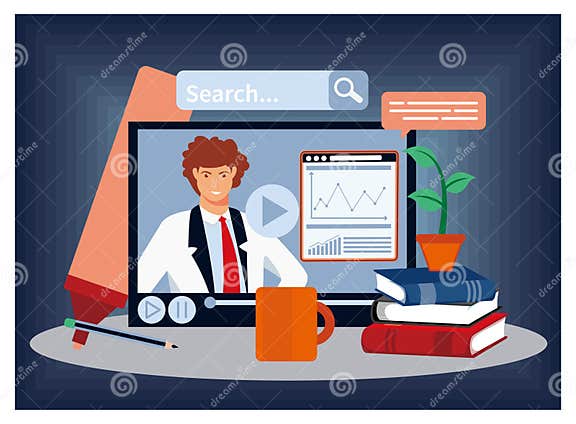 Online Learning Tutorial with Science Topics and Digital Classroom Setup. Stock Illustration ...