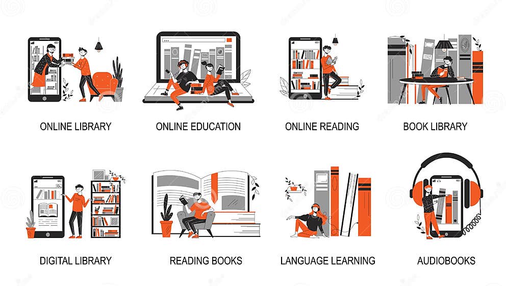 Online Library Composition Set Stock Vector - Illustration of ebook ...
