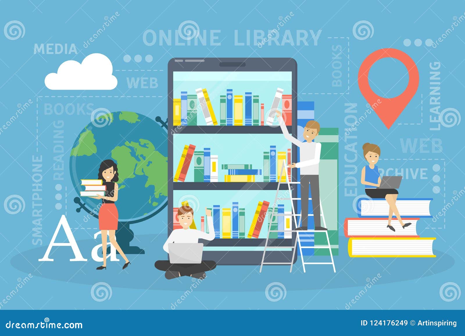 Online Library Concept. Using Phone for Learning Stock Vector ...