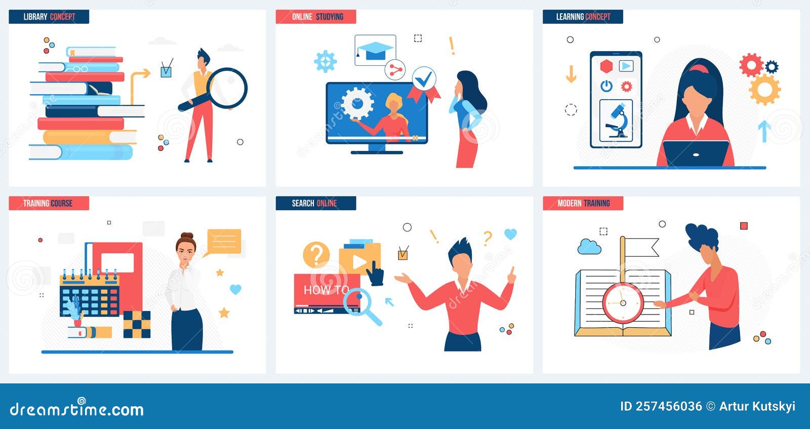 Online Library, Ebook Mobile App Set, Students Study with Digital Book ...