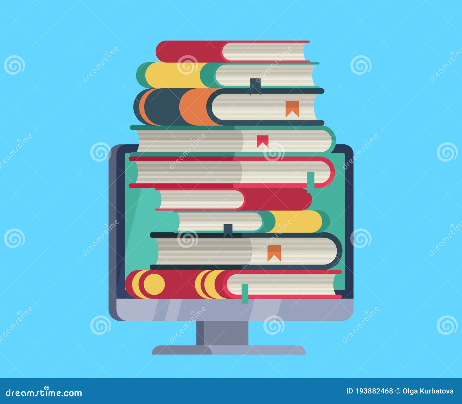 Online Library. Flat Computer with Stack Books on Screen. Electronic ...
