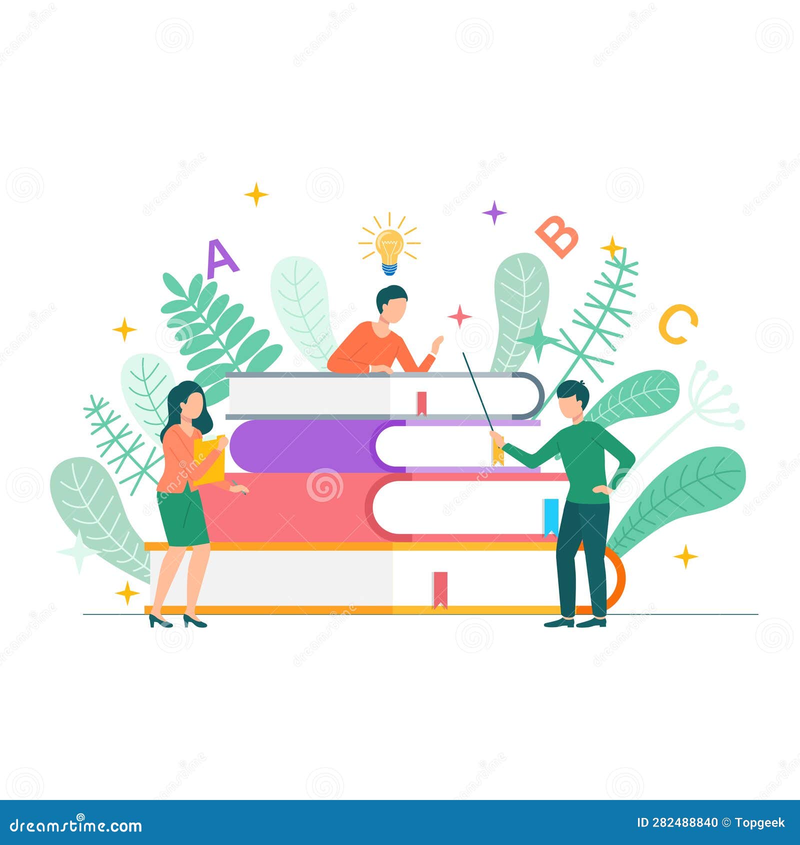 Online Library, Self Study. Person on Stack of Large Books, Using ...