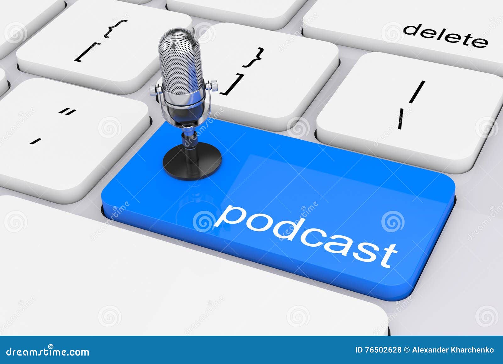 Online Media Concept. Blue Podcast Button with Microphone. 3d Re Stock ...