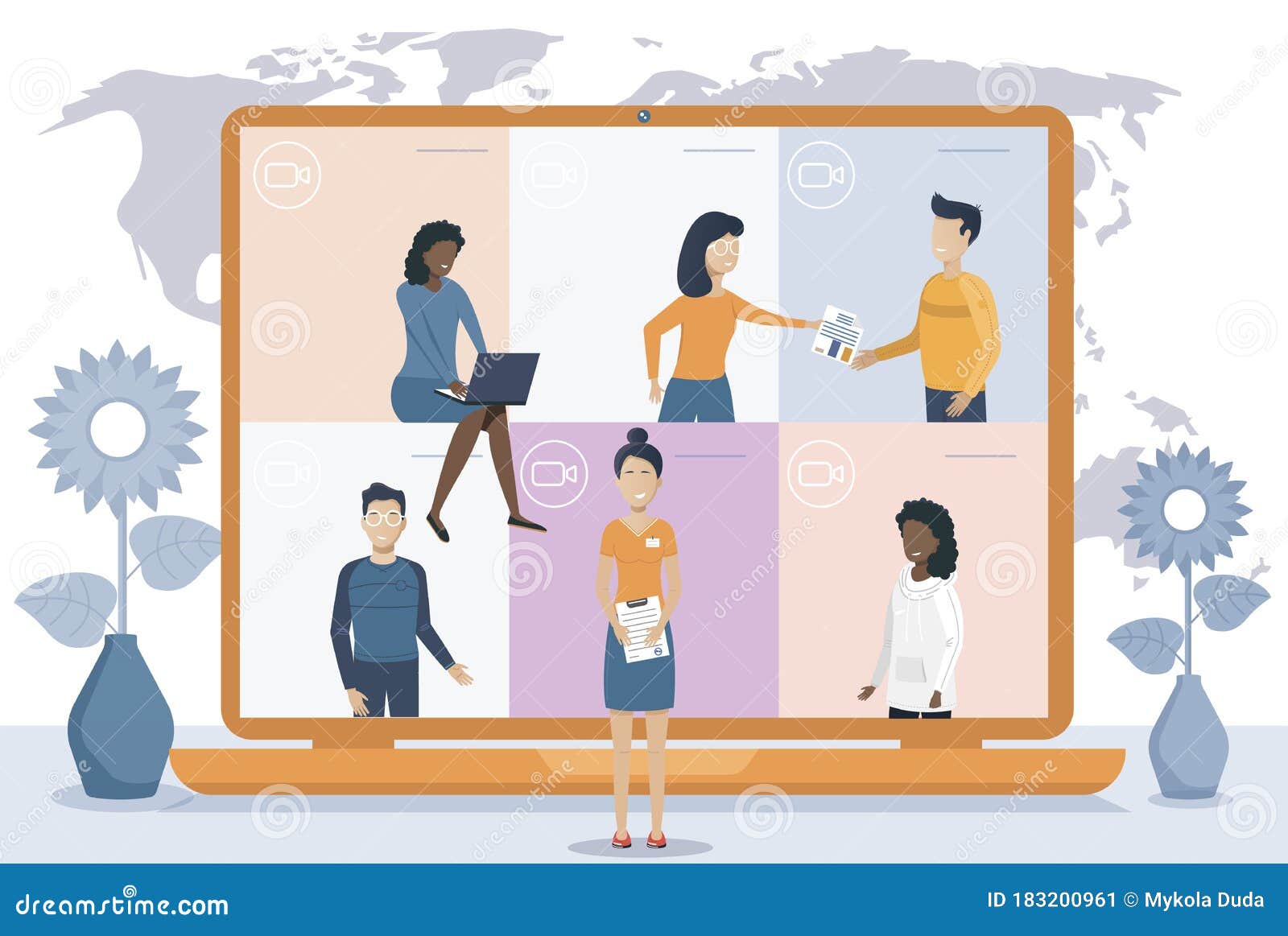 Online Meeting.Video Conference Landing. People on Computer and ...