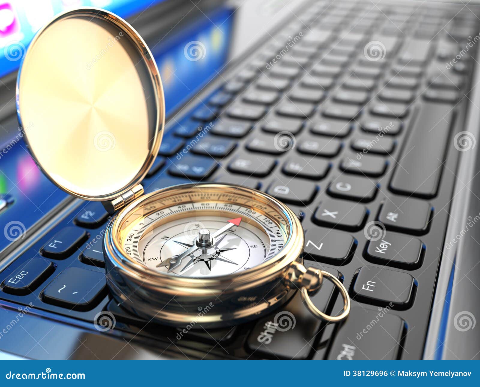 Online Navigation. Compass on Laptop Keyboard Stock Illustration ...