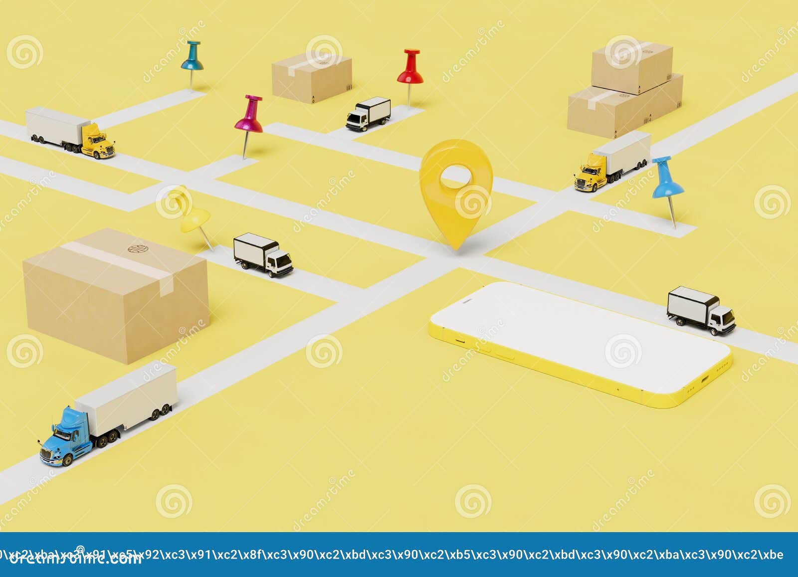 Online Order of Parcel Delivery. Smartphone, Parcels and Trucks on the ...