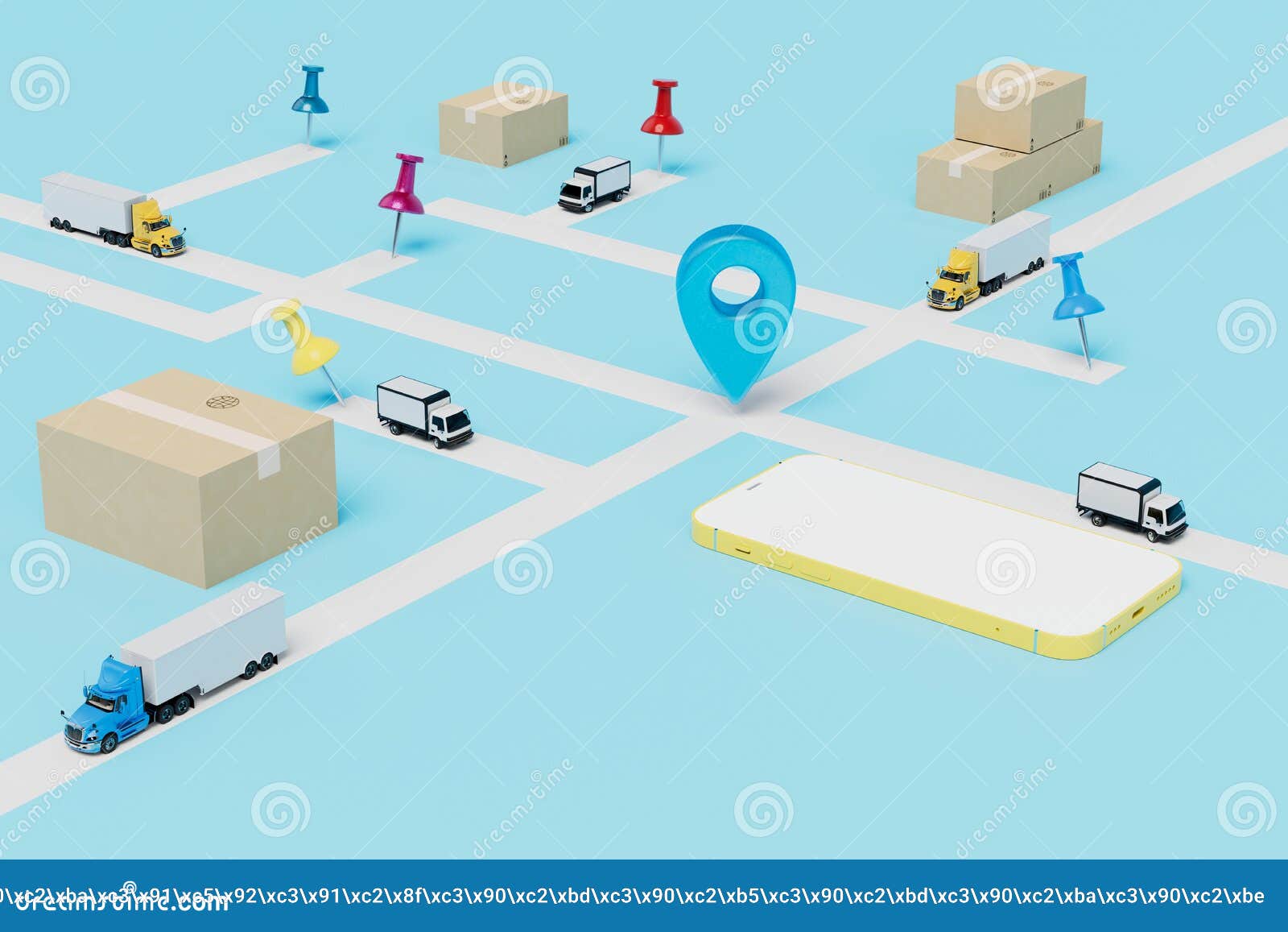 Online Order of Parcel Delivery. Smartphone, Parcels and Trucks on the ...