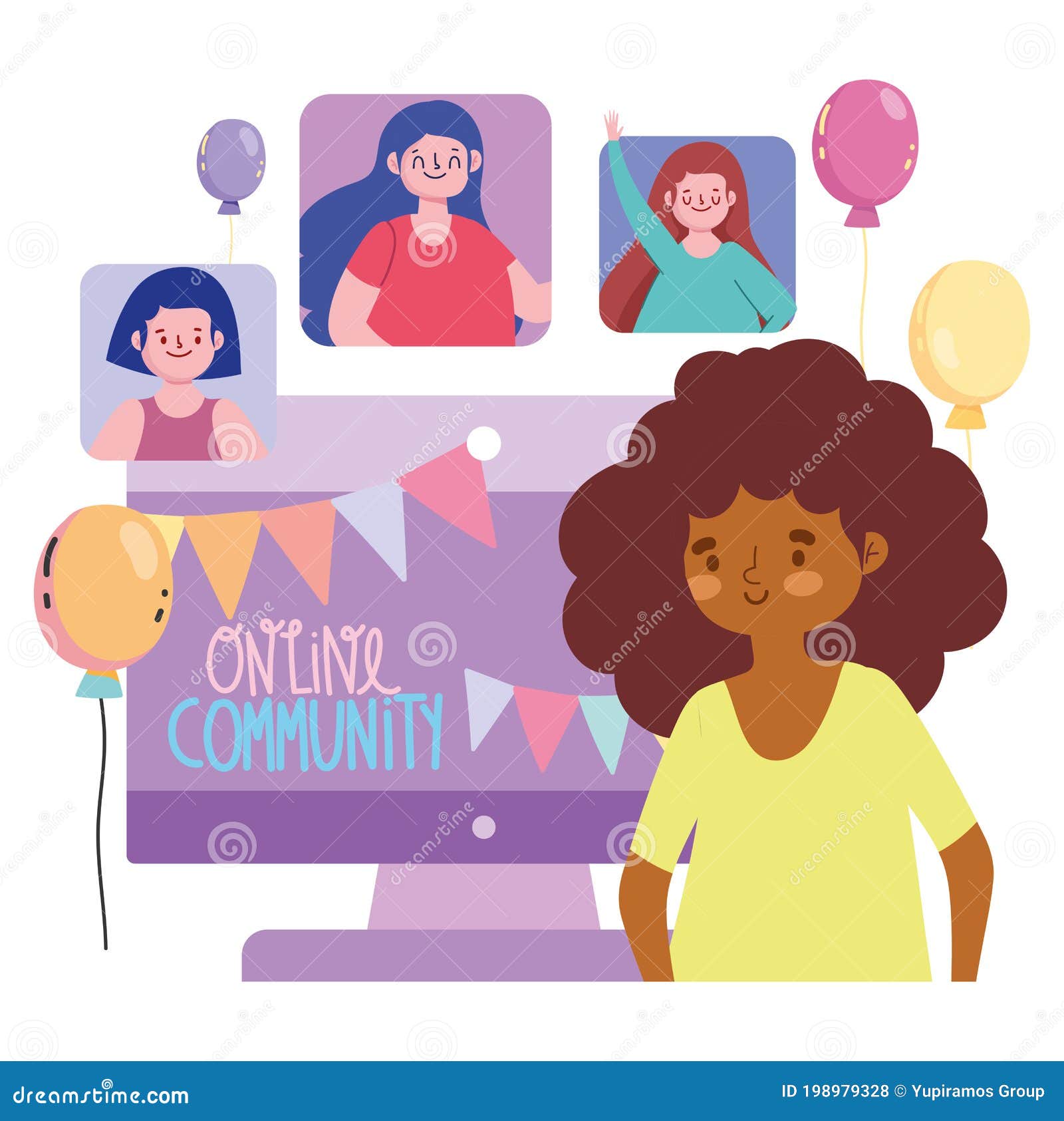 Online Party, Girl Connected with Friends by Computer Stock Vector ...